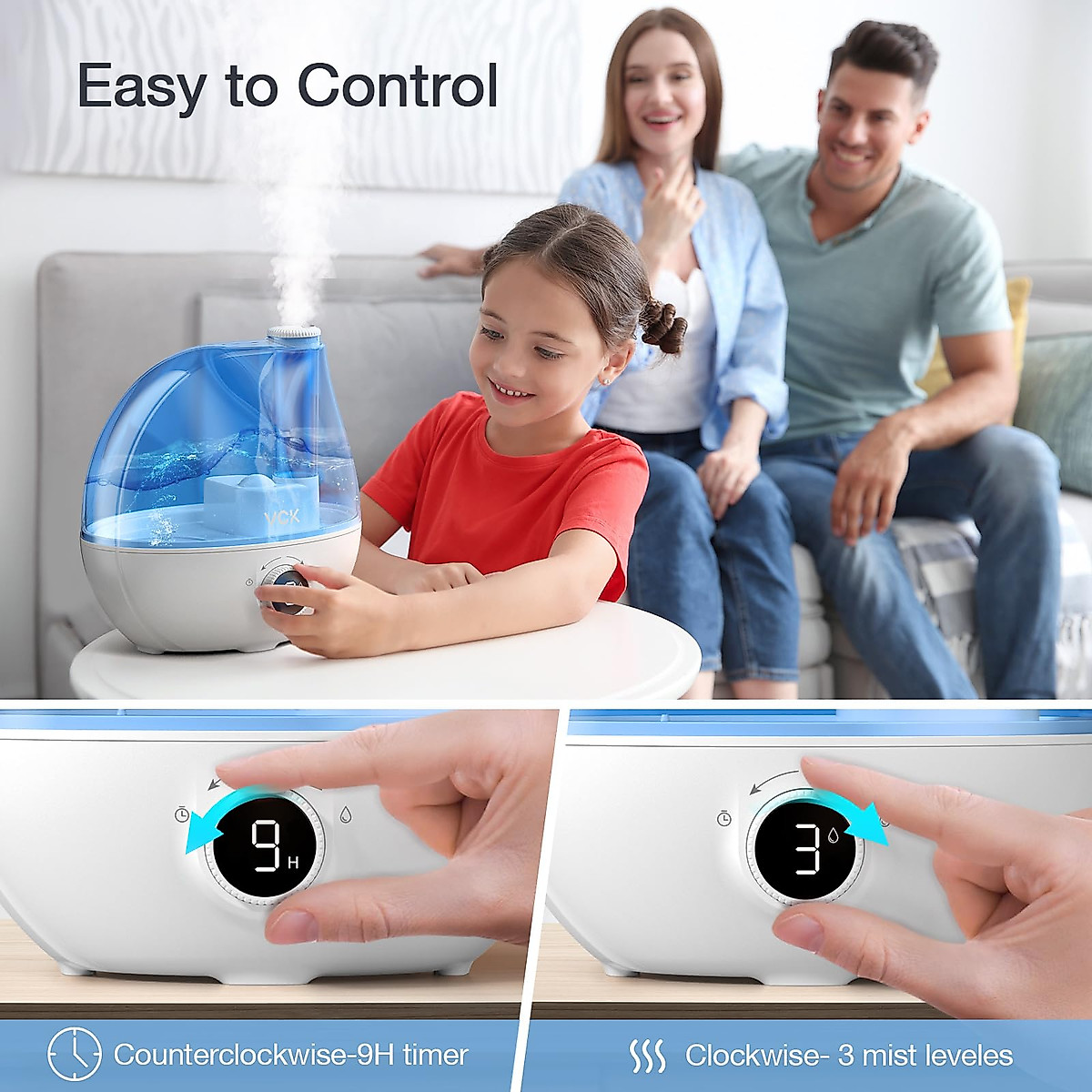 Humidifiers for Bedroom, VCK 2.3L Ultrasonic Cool Mist Quiet Air Humidifier, 24 Hours Run Time, Auto Shut-Off, 3 Mist Levels, 360° Rotation Nozzle for Home Baby Nursery, Plants, Large Room Indoor Use