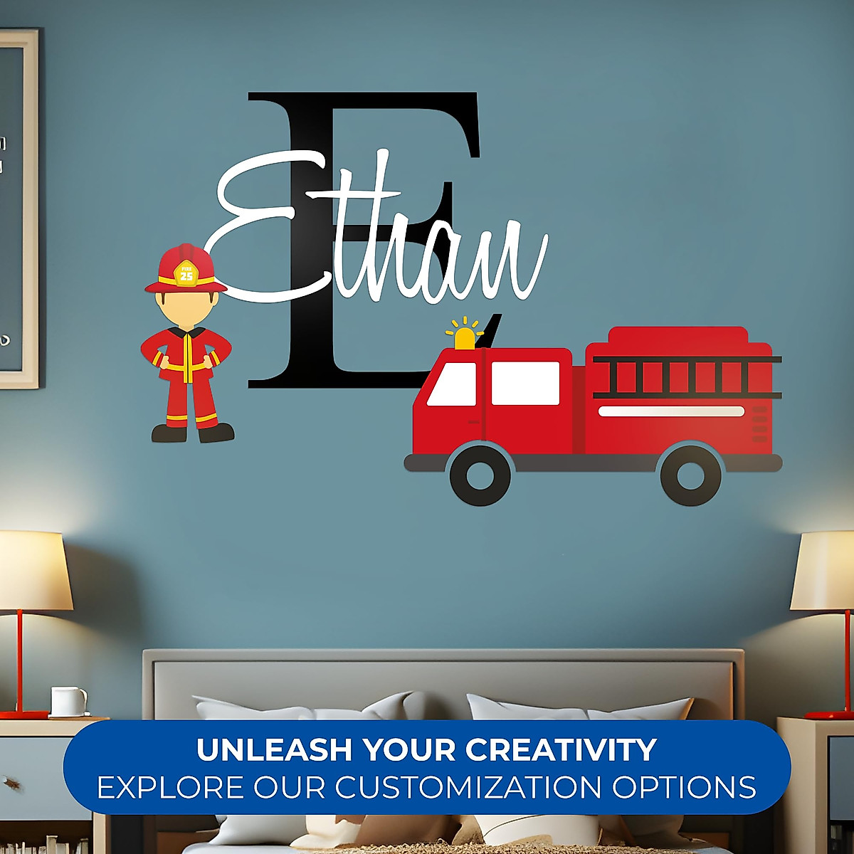 CRYPTONITE Personalized Name & Initial Firetruck Wall Decals for Kids Rooms I Baby Boy Nursery Decor I Toddler Boy Room Decor Firetruck I Firetruck Birthday Decorations (Wide 30"x 19" Height)