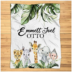 Personalized Baby Boy Blanket - Safari Baby Blanket Boy -Jungle Animals Baby Name Blanket - Safari Animals Baby Bedding - Super Soft Plush Blanket for Baby, 30 x 40 in