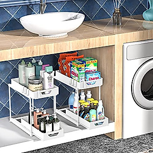 Under Sink Organizers and Storage 2 Pack, Pull-out Large Capacity Under Bathroom and Kitchen Cabinet Storage Drawer Organizer with Hooks, Multi-purpose Under Sink Shelf Organizer, White