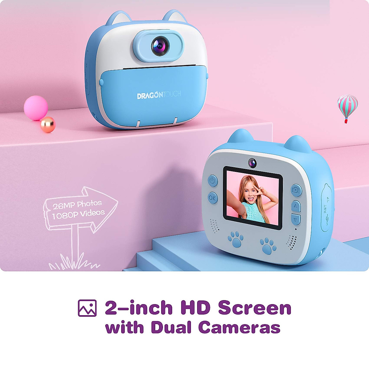 Dragon Touch Instant Print Camera for Kids, Digital Camera for Kids with Print Paper, Kids Camera with 1080P 2 Inch Color Screen, Selfie Video Camera for Kids 3-12 Years Old (Blue)