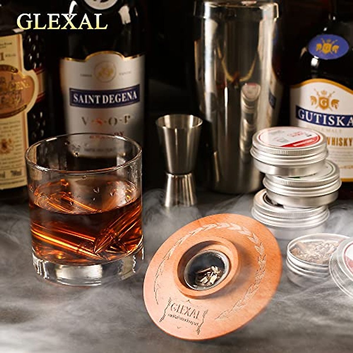 Bourbon Whiskey Cocktail Smoker Kit with Torch, Glexal Drink Smoker Infuser Kit with Four Flavors Wood Chips for Smoked Old Fashioned Cocktails, Whiskey Bourbon Gifts for Men Father's Day (No Butane)