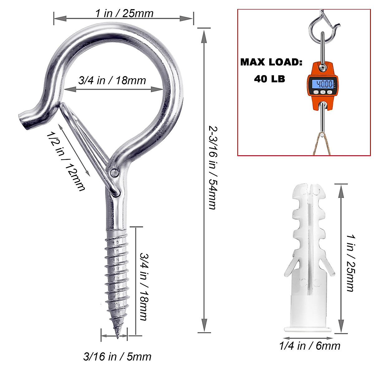 PlusRoc 20 Pack Stainless Steel Hooks for Hanging Christmas Xmas String Lights Outdoor Plants, 2.2 Inch Silver Cup Hooks Screw in Ceiling Hooks Eye Hook Q-Hanger, Wall Mount Ceiling Mount