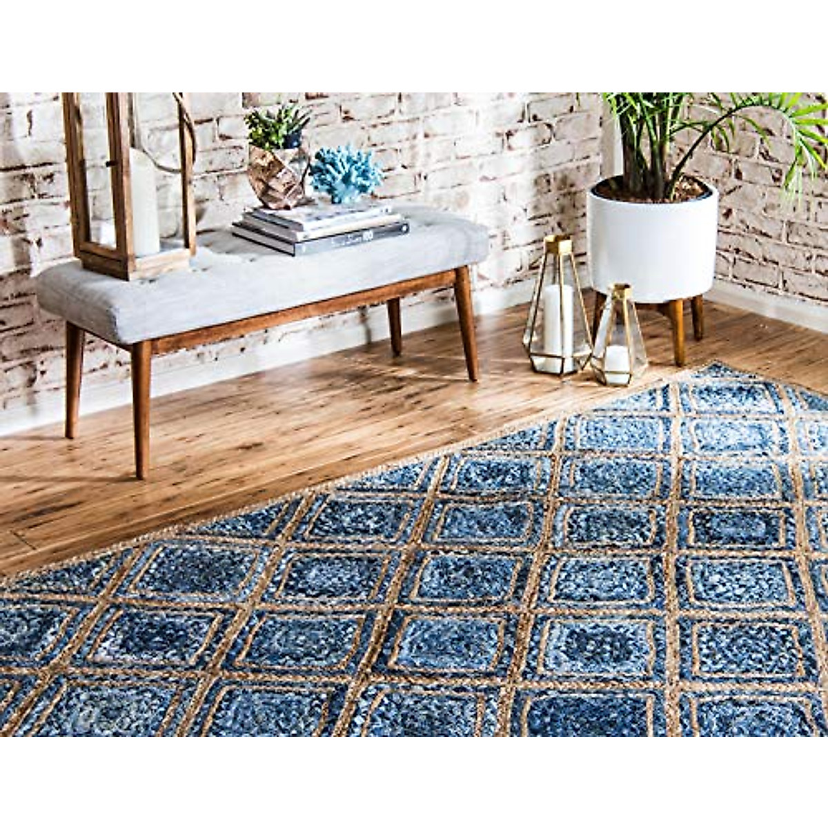 Unique Loom Braided Jute Collection Classic Quality Made Natural Hand Woven with Geometric Design Area Rug (9' 0 x 12' 0 Rectangular, Blue/ Natural)