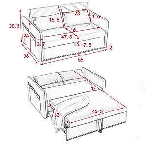 Sleeper Sofa Couch Bed w/2 USB Ports, 55" 3 in 1 Velvet Convertible Loveseat Sleeper Small Love seat Futon Sofa with Pullout Bed, Adjustable Backrest, 2 Pillows for Living Room Bedroom, Grey New