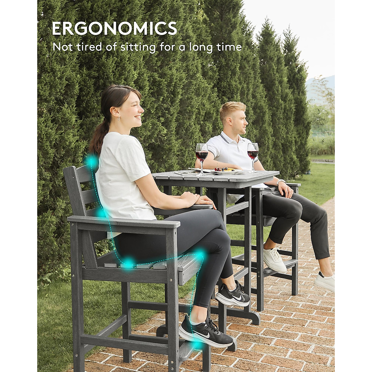 SERWALL Balcony Adirondack Chairs and Table 3 Pieces Set, Adirondack Bar Height Chairs Set of 2 and Bar Table, Outdoor Bar Stools Set, Gray