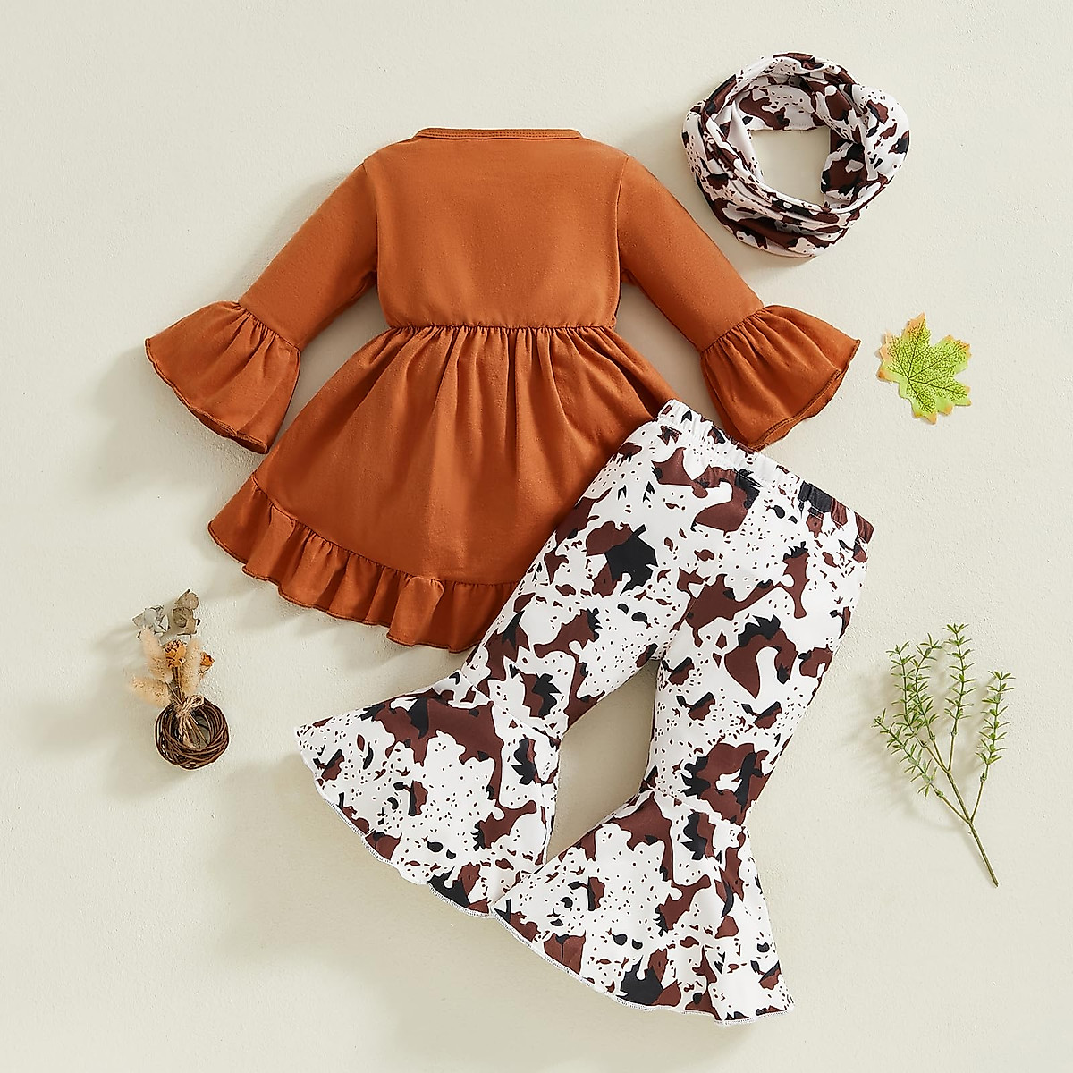 Emmababy Toddler Baby Girl Clothes Long Sleeve Cow Print OutfitT-Shirt + Flare Pants Bell-Bottom Tie Dye Leggings Set 0-4T (3PCS brown, 12-18 Months)