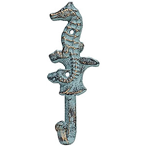 Red Co. Set of 4 Decorative 5.5” Boho Chic Cast Iron Wall Hanging Seahorse Hooks in Distressed Finish