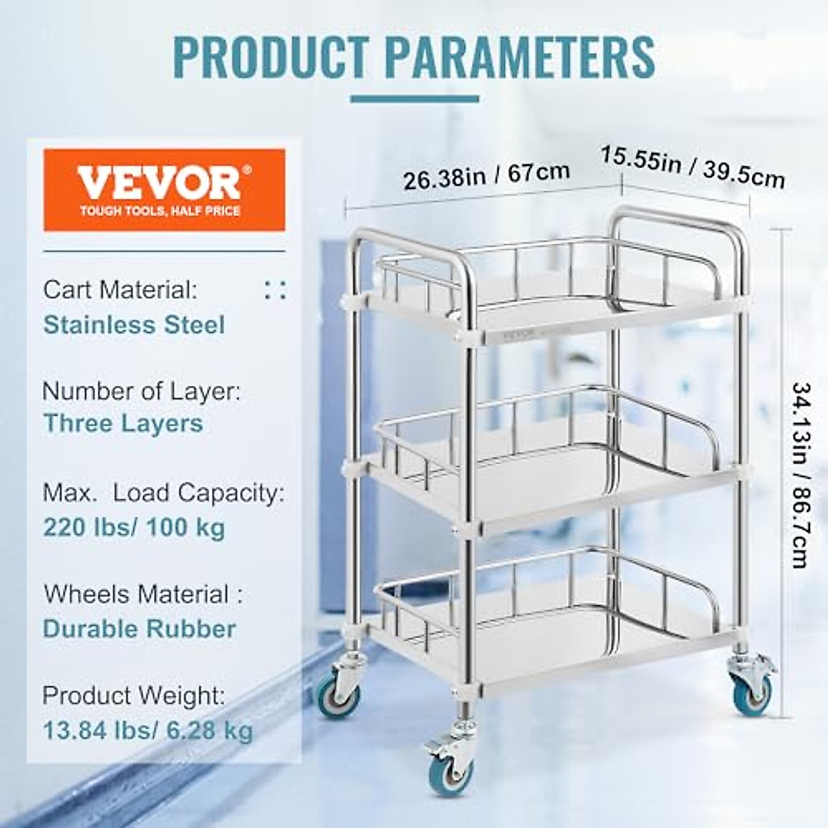 VEVOR Lab Rolling Cart, 3-Shelf Stainless Steel Rolling Cart, Lab Serving Cart with Swivel Casters, Dental Utility Cart for Clinic, Lab, Hospital, Salon, 26.38"x15.55"x34.13"