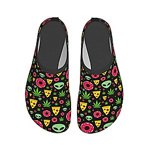 Marijuana Leafs Pizza and Aliens Print Water Shoes for Womens Mens Non-Slip Barefoot Shoes Quick-Dry Beach Swim Shoes Black
