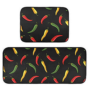 Kitchen Rugs Mats 2 Pieces, Colorful Chili Pepper Cushioned Kitchen Mat Anti-Fatigue Comfort Floor Mat Non Slip Kitchen Rug Standing Mats for Kitchen, Sink, Bath, Laundry (20x47 Inch+20x28 Inch)