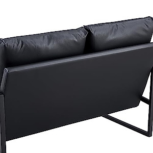 Uunquee Mid-Century Modern Loveseat Sofa,PU Leather 2 Seater Sofa Chair with 2 Pillows,Black Upholstered Accent Chair with Arms for Living Room,Office