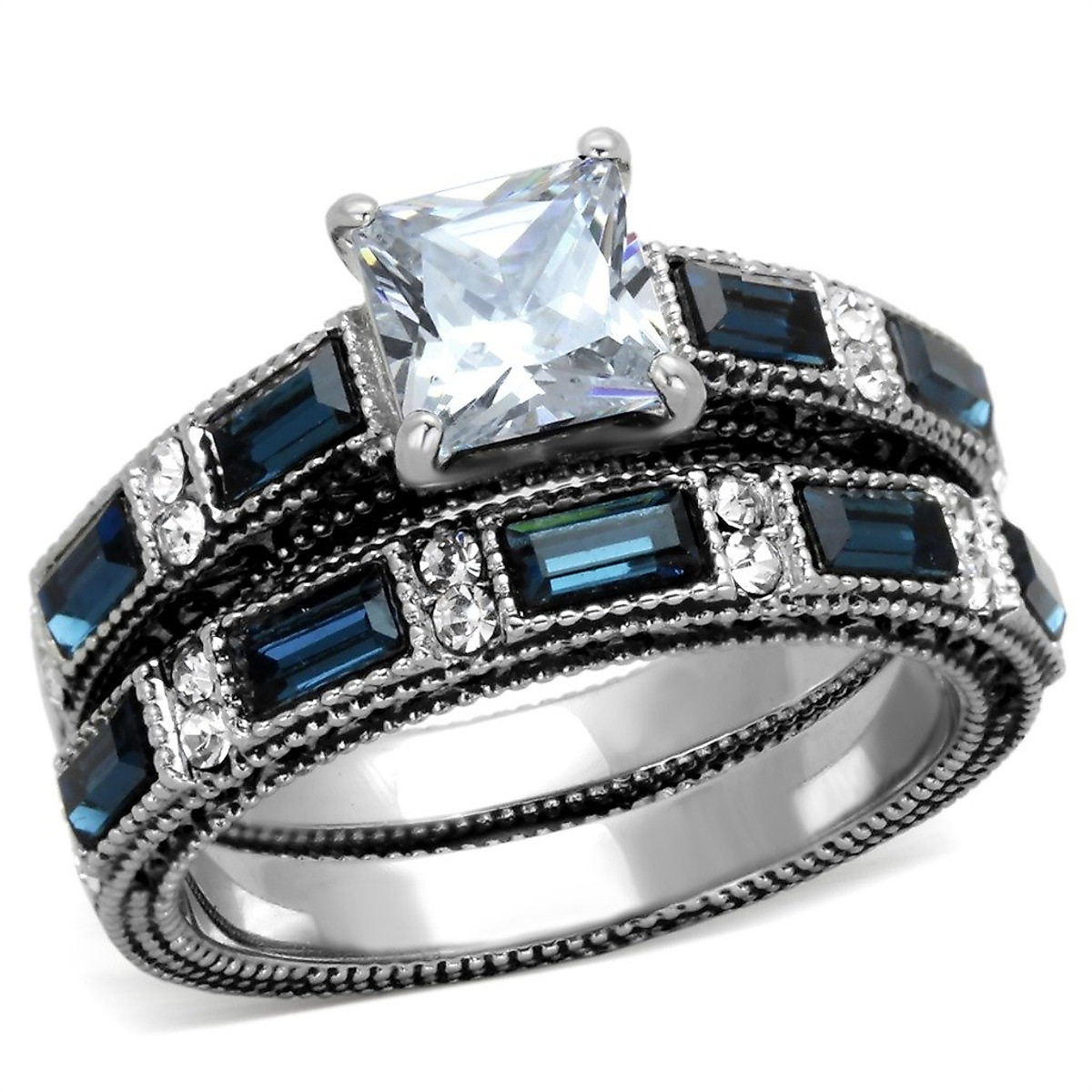 1 Carat Princess Cut CZ/Deep Blue CZ Women's Stainless Steel Wedding Ring Set- Size 10