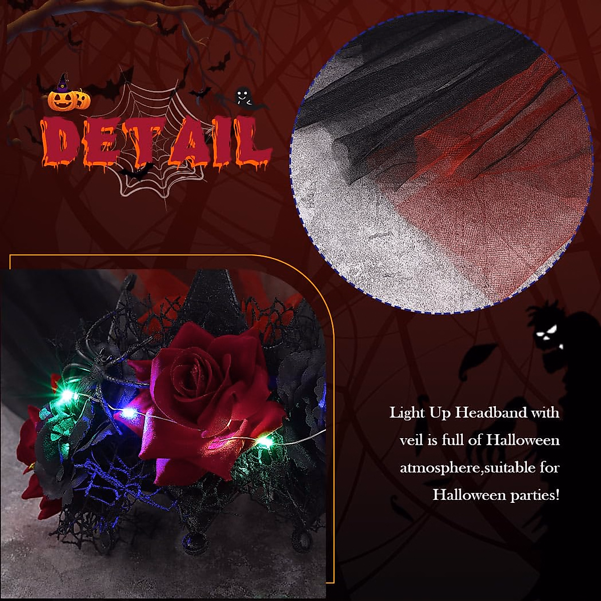 JEAIRTS Led Flower Crown Headband with Veil Day of the Dead Hair Bands Rose Mexican Floral Headpiece Gothic Costume Halloween Hair Accessories for Women and Girls