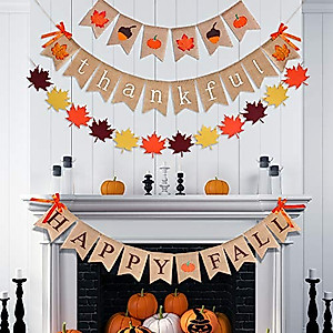 4 Pieces Thanksgiving Fall Decorations Burlap Thankful Banner Happy Fall Banner Pumpkins Maple Leaves Acorn Banner Felt Maple Leaves Garland Banner for Thanksgiving Decorations