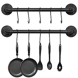 OROPY Wall Mounted Pot Pan Rack 21'' Set of 2, Industrial Utensils Wall Hanger Iron Pipe Kitchen Hanging Rail with 10 S Hooks