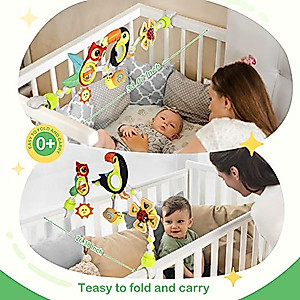 mihotoy Baby Stroller Arch Toy with Teether, Rattle, Crinkle Sound, Mirror & Music Box, Newborns Sensory Activity Carrier Take-Along Toy, Adjustable for Bouncers