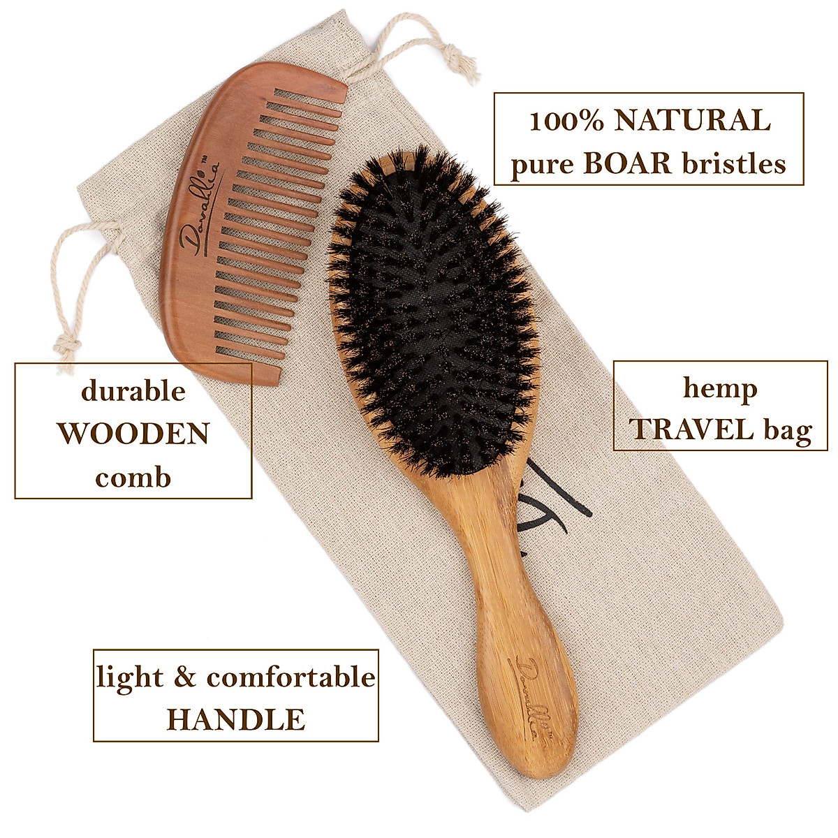 Boar Bristle Hair Brush Set for Women and Men - Designed for Thin and Normal Hair - Adds Shine and Improves Hair Texture - Wood Comb and Gift Bag Included (black)