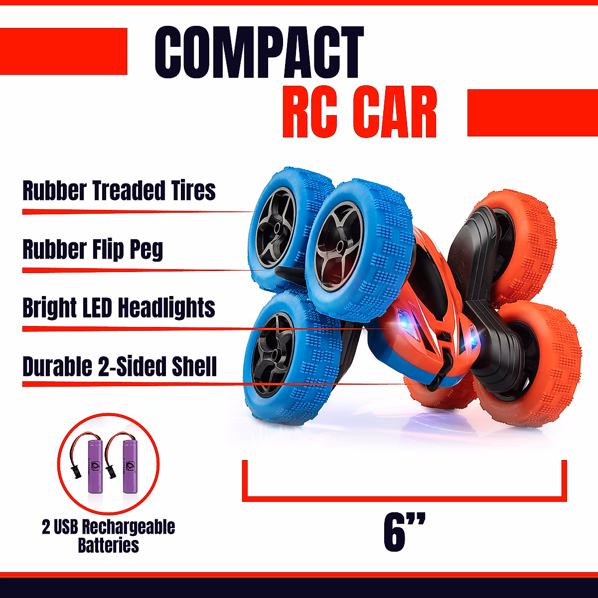 Force1 Crawler 6 Remote Control Car for Kids - 6 Wheeled RC Car Double Sided Driving with LEDs, 360 Flips, All Terrain RC Crawler Wheels, and 2.4 GHZ Remote Control, Red/Blue
