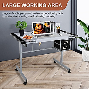 Nova Microdermabrasion Glass Top Drafting Table with Storage, Adjustable Drawing Desk Rolling Art Craft Station Writing Work Table with Drawers & Wheels