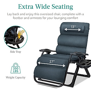 Best Choice Products Oversized Zero Gravity Chair, Folding Outdoor Patio Recliner, XL Anti Gravity Lounger w/Removable Cushion, Cup Holder, Side Tray, 350lb Capacity - Graphite Blue