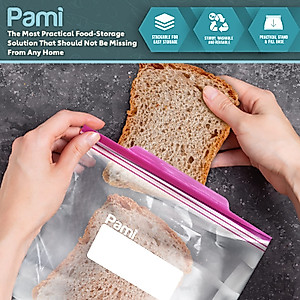 PAMI 60-Pack Gallon Sandwich Bags, Leakproof Double Zipper Storage Bags with Expandable Bottom, Write-On Label, Thick Reusable