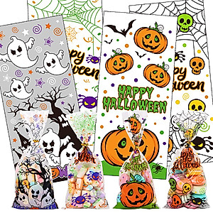 LOKIPA 200 Pcs Halloween Cellophane Candy Treat Bags with Twist Ties for Halloween Trick or Treat Party Favors