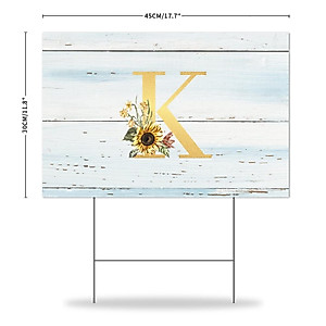 Floral Monogram Letter Golden Letter K Sunflower Lawn Yard Signs Alphabet Letter Corrugated Plastic Sign for Garage Sales Rent Open House Construction 12"x18"