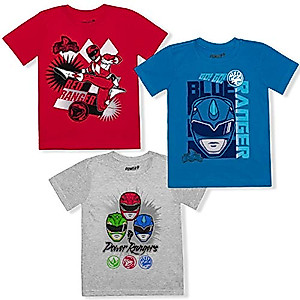 Power Rangers Red Ranger, Blue Ranger and Green Ranger Boys 3 Pack T-Shirts for Big Kids – Blue/Red/Grey