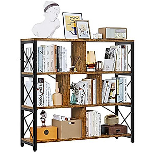 YITAHOME 4 Tier Bookshelf, Free Standing Cube Bookcases and Bookshelves, Industrial Furniture Wide Bookshelf Display Cabinet Open Storage Book Shelf for Living Room Bedroom Home Office, Rustic Brown
