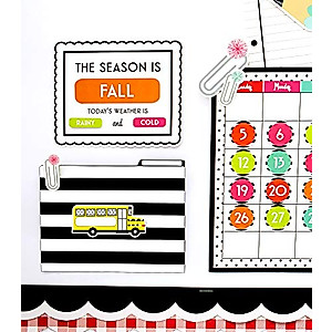 Schoolgirl Style Black, White & Stylish Brights 36-Piece School Bus Bulletin Board Cutouts, Yellow Bus Cutouts for Bulletin Board with White and Black Polka Dots, Back-to-School Classroom Décor