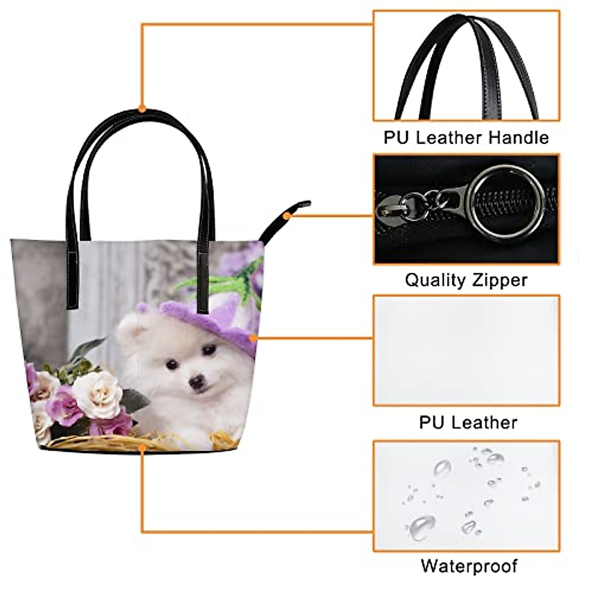 Shoulder Bag Tote Bags for Women Pomeranian Puppy Leather Shopper Work Handbags Large Casual Bag