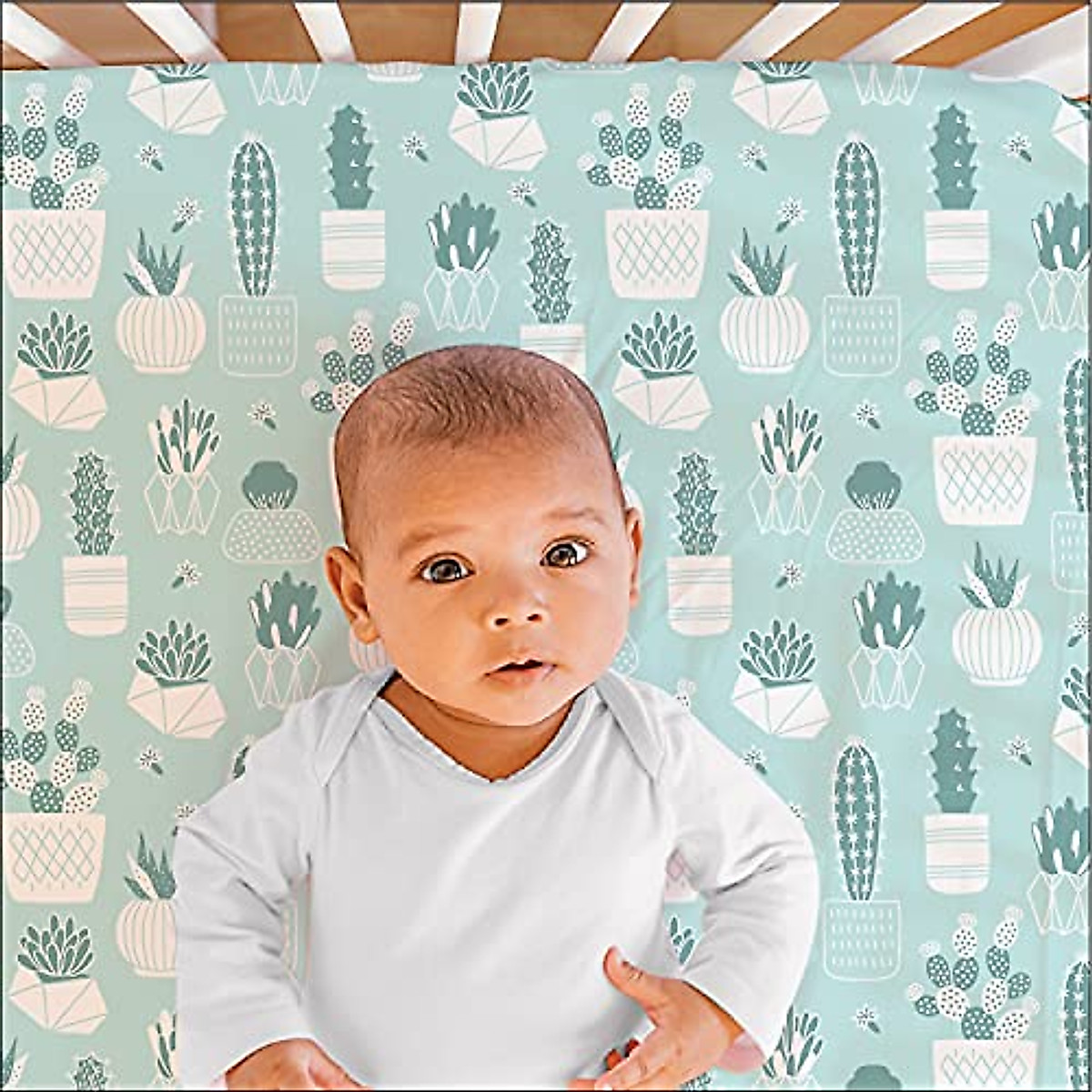The Peanutshell Fitted Crib Sheet Set for Baby Boys or Girls | Unisex 4 Pack Set | Cactus, Succulents & Pastel Green