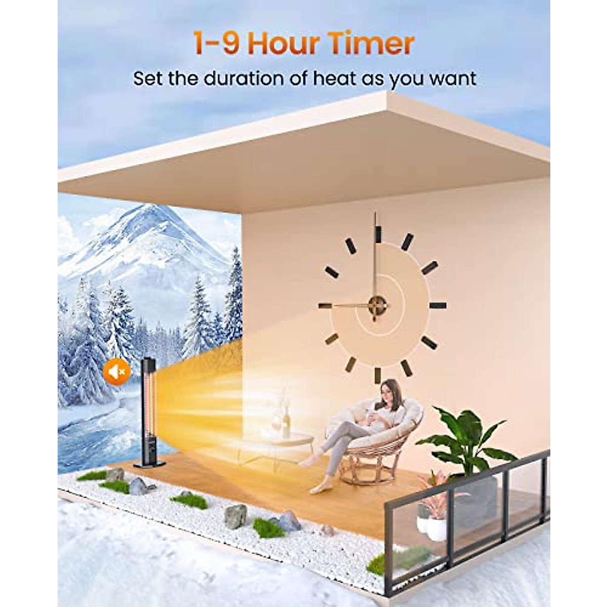 Outdoor Electric Patio Heater, Haimmy 42in Infrared Heater with Remote, 9 Heat Levels, 9H Timers, 1500W Instant Heating, Safety Lock, Tip-Over & Overheat Protection, IPX5 Waterproof Tower Space Heater