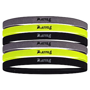 Athlé Skinny Headbands for Women and Men - 6 Pack - Elastic Headbands for Women and Men - Non Slip Silicone Grip - Lightweight and Comfortable Thin Headbands - Black, Green, Grey