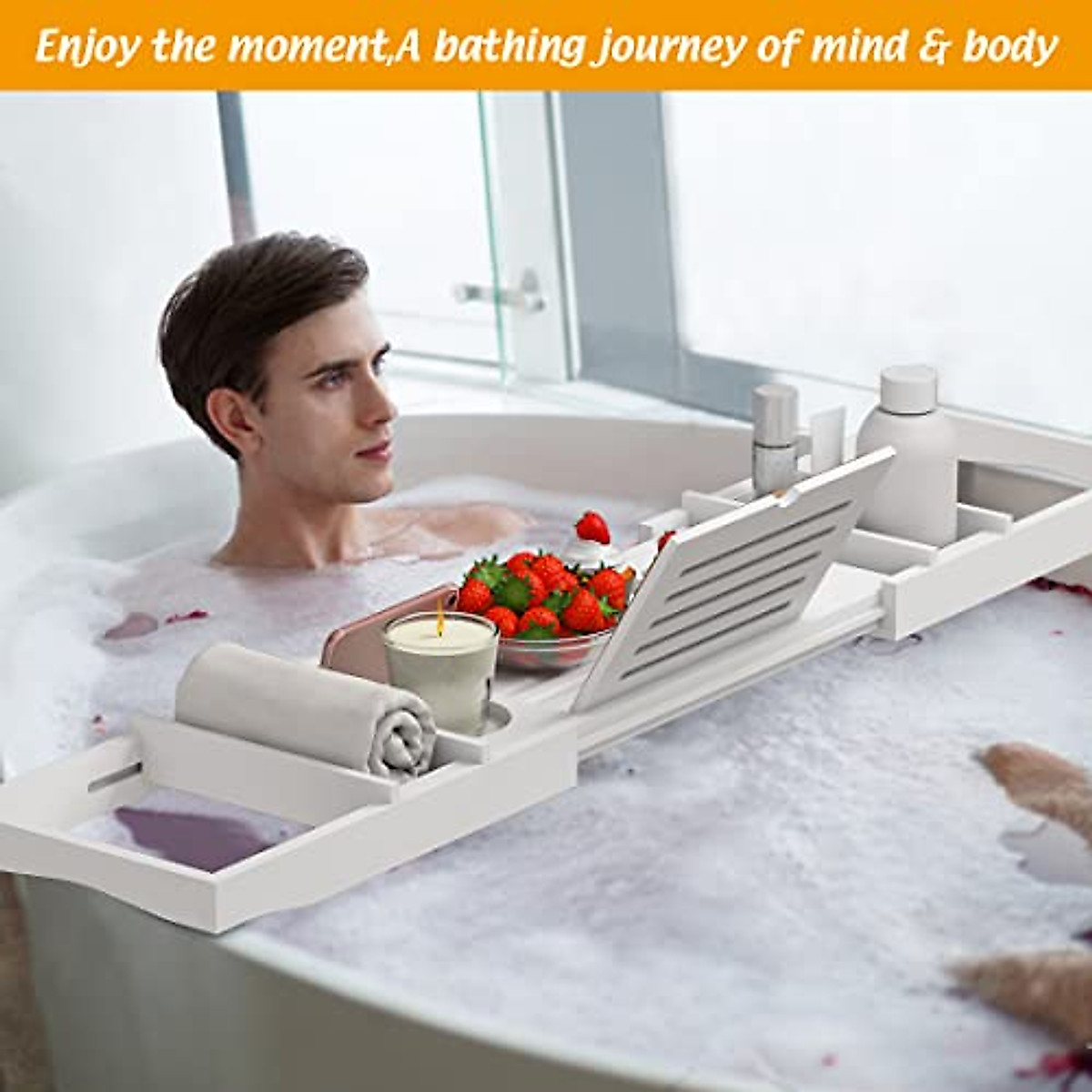 Bamboo Bathtub Tray Bath Tub Caddy with Expandable Handles Wine Glass Phone Holder Book Stand for Bathroom White