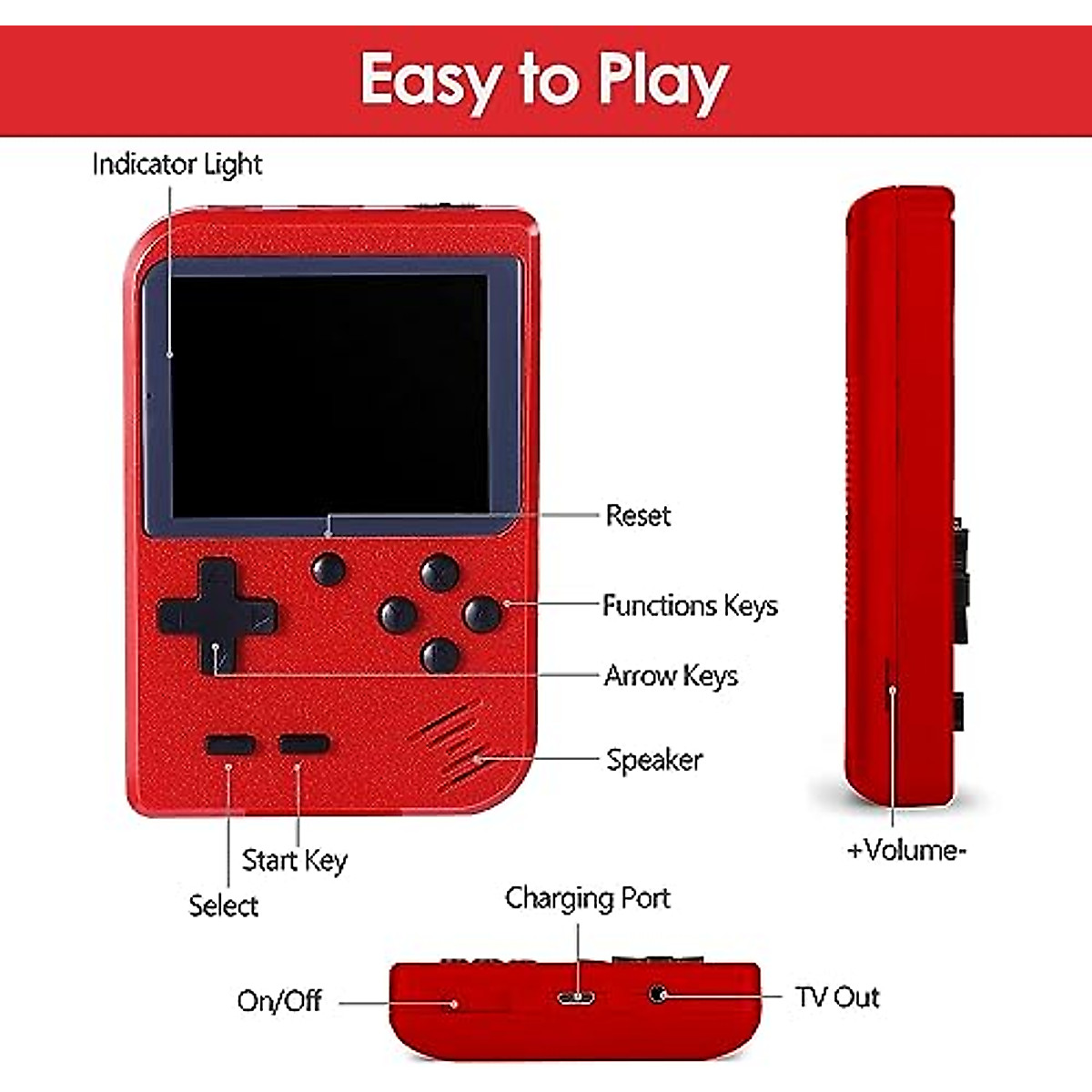 Retro Handheld Game Console with 500 Classic FC Games, Portable Retro Game Console, 3-inch LCD Screen and Add-on Controller, Handheld Game Console Supports Connectivity to TV and Two Players (RED)