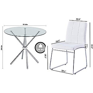 Dining Table Set for 4, Modern Kitchen Table and Chairs Set for Small Space, Round Glass Dining Room Table and Faux Leather Dining Chairs Dining Room Set of 5 Pieces - White