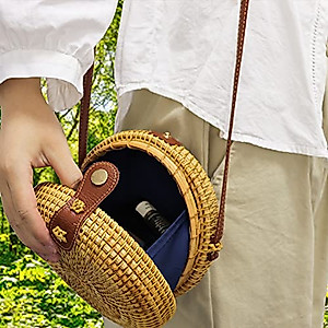 WYBG Handwoven Boho Rattan Bag with Leather Strap Round Circle Woven Wicker Chic Women Handbag Handmade Bali Ata Shoulder Bag Weave Crossbody Bag Wicker Straw Purse for Women Girls