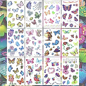 Ooopsiun Glitter Butterfly Temporary Tattoos for Girls -12 Sheets Butterfly Party Favors Decorations for Kids Women