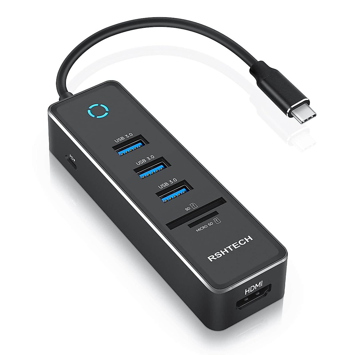 USB C Hub, RSHTECH USB C Dongle Adapter with 4K HDMI, 3 USB 3.0 Data Port, 100W Power Delivery, SD/TF Card Reader, Aluminum USB-C/Thunderbolt 3 Hub Dock for PC and Laptop, RSH-T16