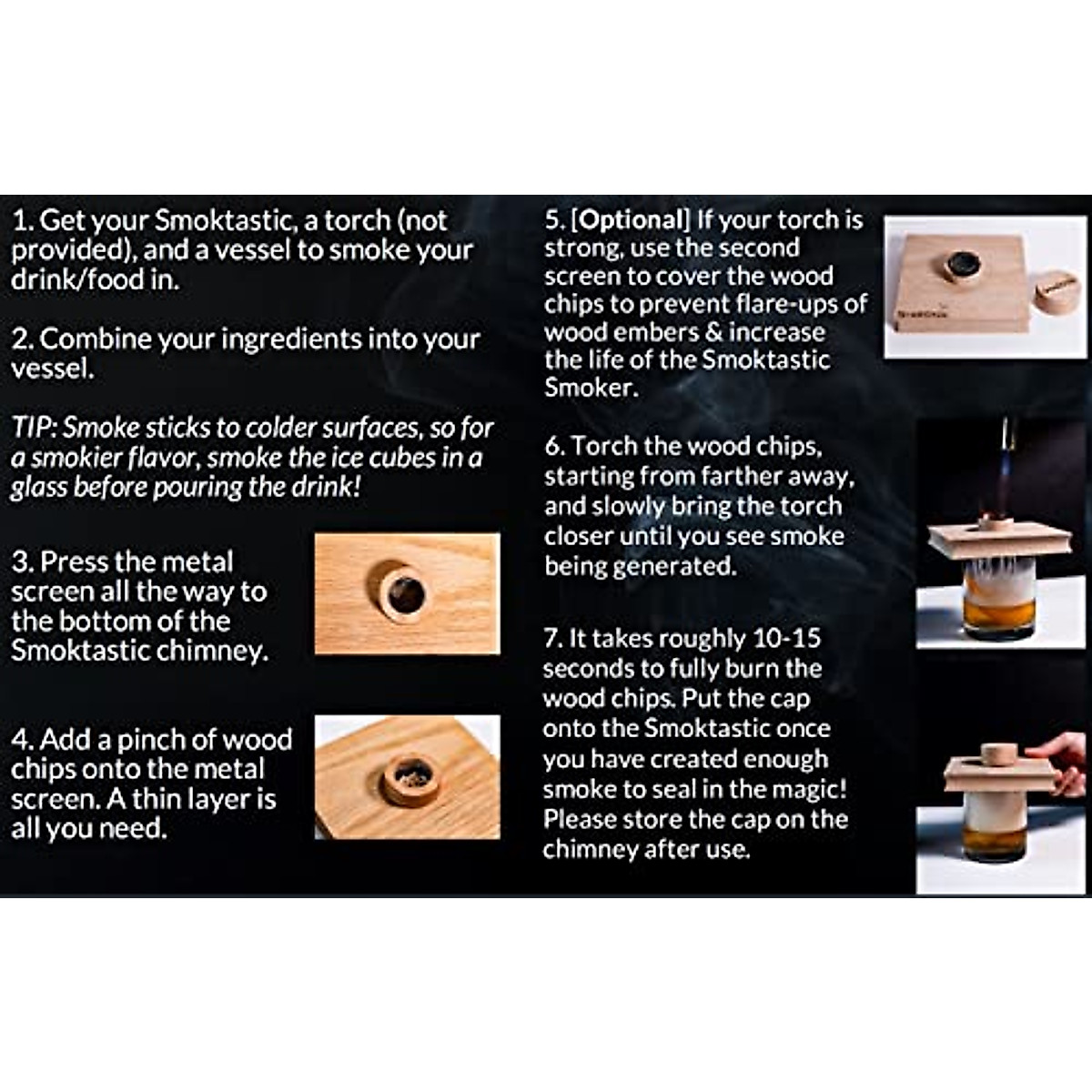 Smoktastic Solid Red Oak Cocktail Smoker With Hickory Wood Chips - Old Fashioned Smoker Kit For Whiskey, Bourbon, Cocktails, Tea, And More - Bartending Kit For Drinks With Larger Square Top