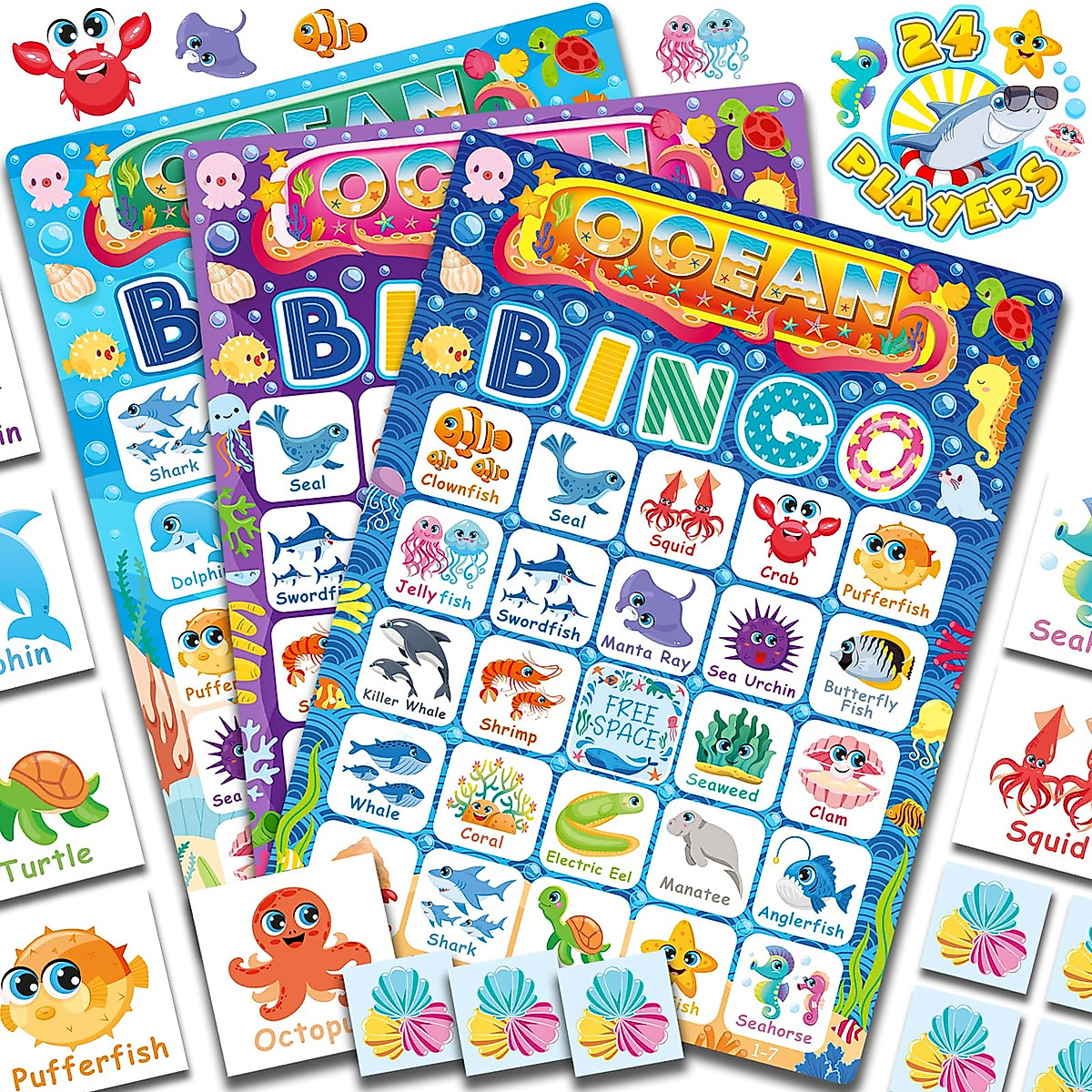 YTSQLER Ocean Bingo Game 24 Players Ocean Animals Bingo Game for Kids Bingo, Under The Sea Party Bingo Games for Family Classroom Activity Ocean Party Supplies