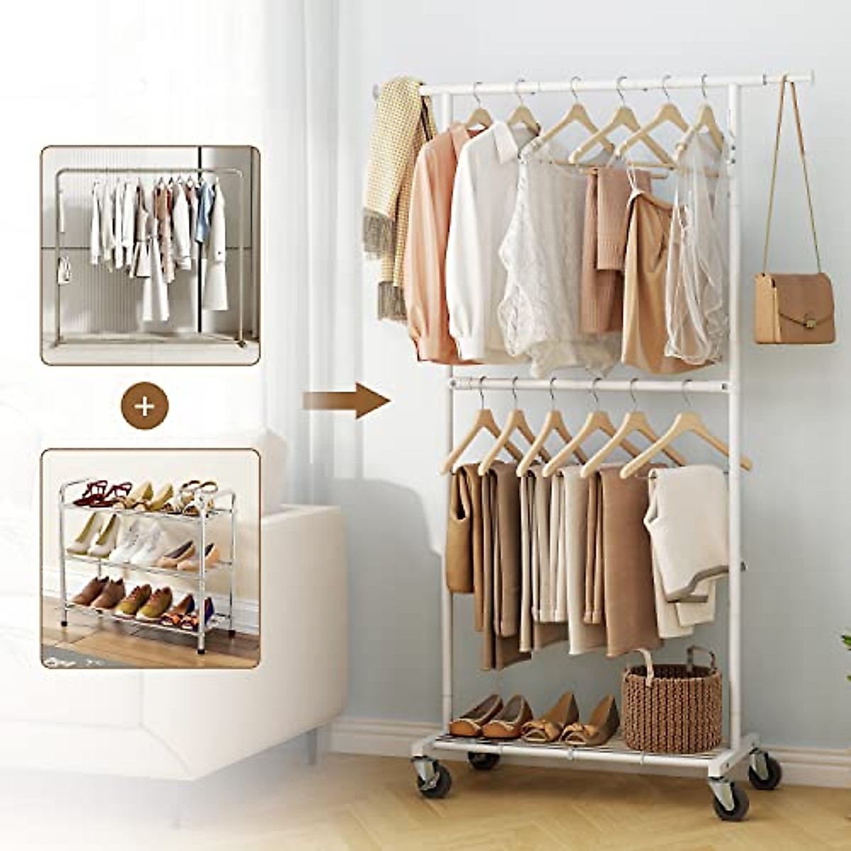 Gewudraw Metal Garment Rack on Wheels and Portable Closet Wardrobe Rack