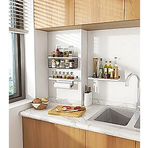 Mefirt Floating Shelves, 3+2 Tier Bathroom Shelves with Paper Towel Holder & Towel Bar, Wood Wall Décor Shelves Over Toilet with Wire Storage Basket & Guardrail, Farmhouse Floating Shelf - White