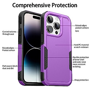 Oumida for iPhone 14 Pro Case, [with 2 pcs Tempered Glass Screen Protector] [Shockproof] Dual Layer Back Hardshell Rugged Tough Full Body Protective Cell Phone Cover Case for 14 Pro (Purple)