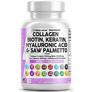 Collagen Pills 1000mg Biotin 10000mcg Keratin Saw Palmetto 2500mg Hyaluronic Acid - Hair Skin and Nails Vitamins and DHT Blocker with Vitamin E Folic Acid Pumpkin Seed MSM Made in USA - 90 Count