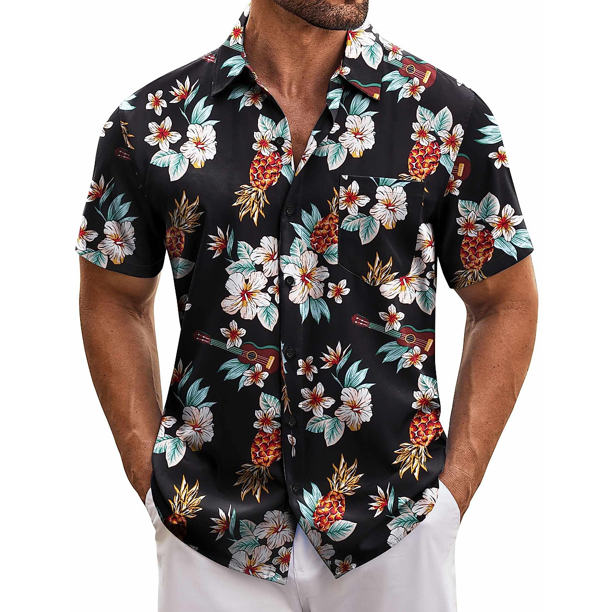 COOFANDY Men's Hawaiian Shirt Short Sleeve Casual Button Down Floral Printed Beach Shirts with Pocket Black