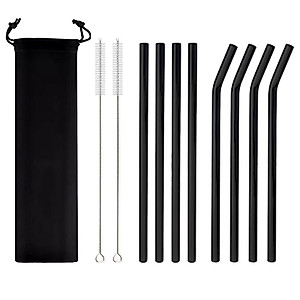 JASHII 8pcs Black Glass Straws, Reusable Crystal Drinking Straws Glass Colorful, Shatter Resistant with 2 Cleaning Brush for Smoothies Milkshakes Juices Boba Teas(7.87''x0.3'')
