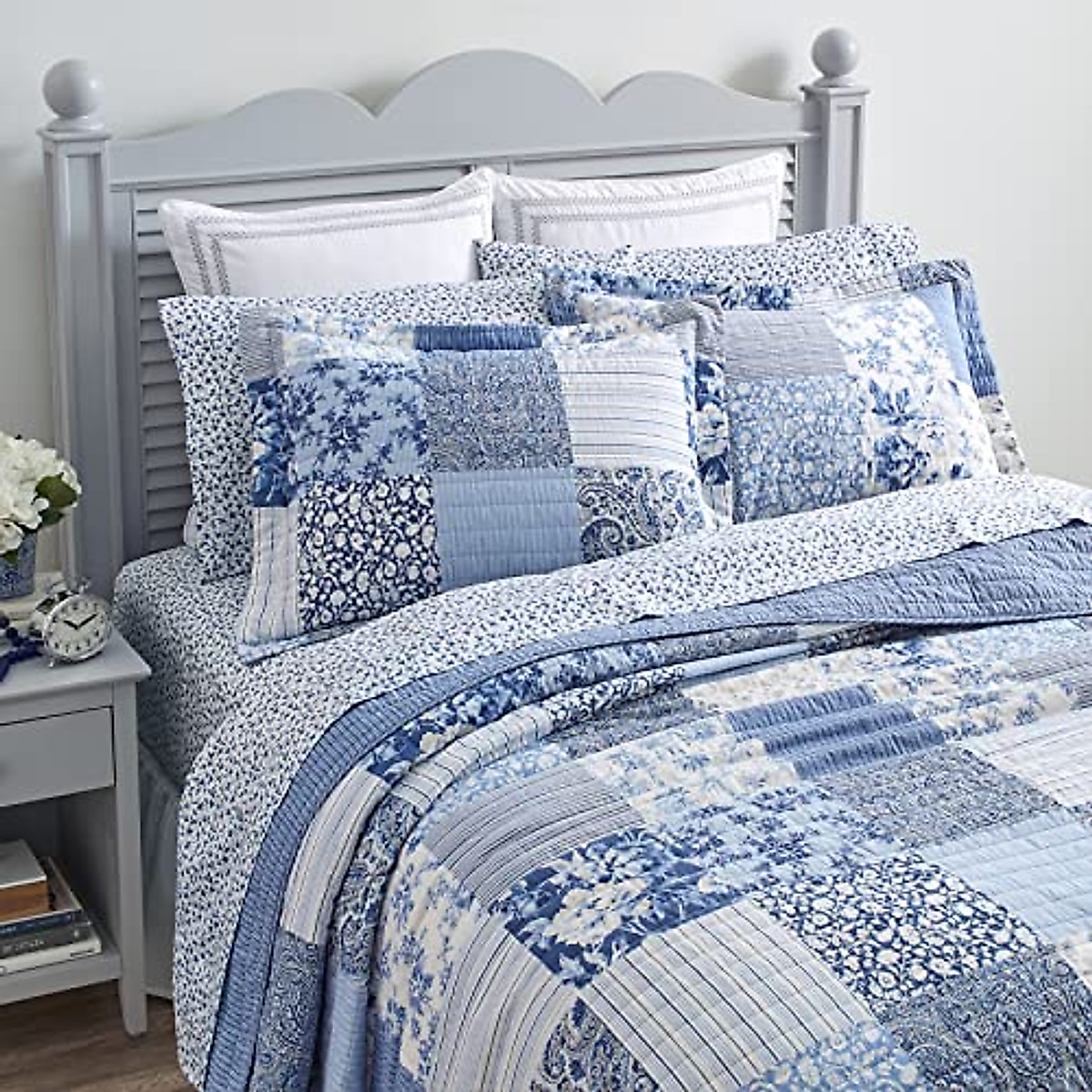 Laura Ashley - Twin Quilt Set, Reversible Cotton Bedding with Matching Sham, Farmhouse Inspired Home Decor (Paisley Printed Patchwork Blue, Twin)